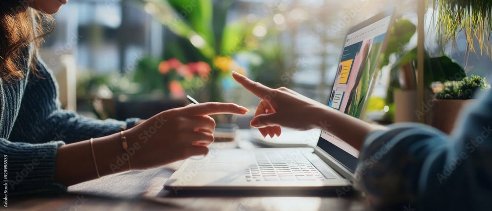 Close-up of two people collaborating on a laptop during an online ...
