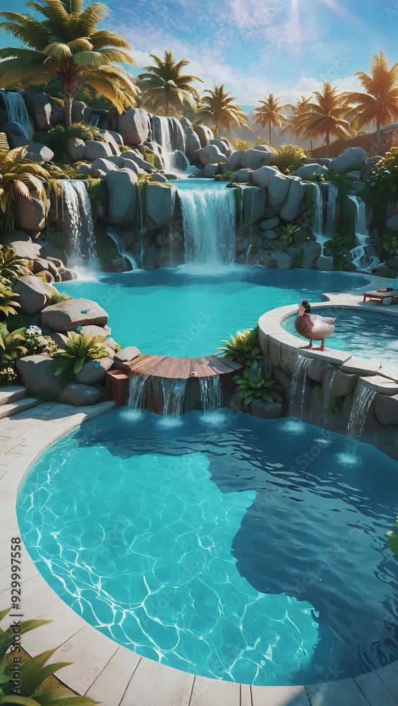 Tropical swimming pool with cascading waterfalls and vibrant greenery ...