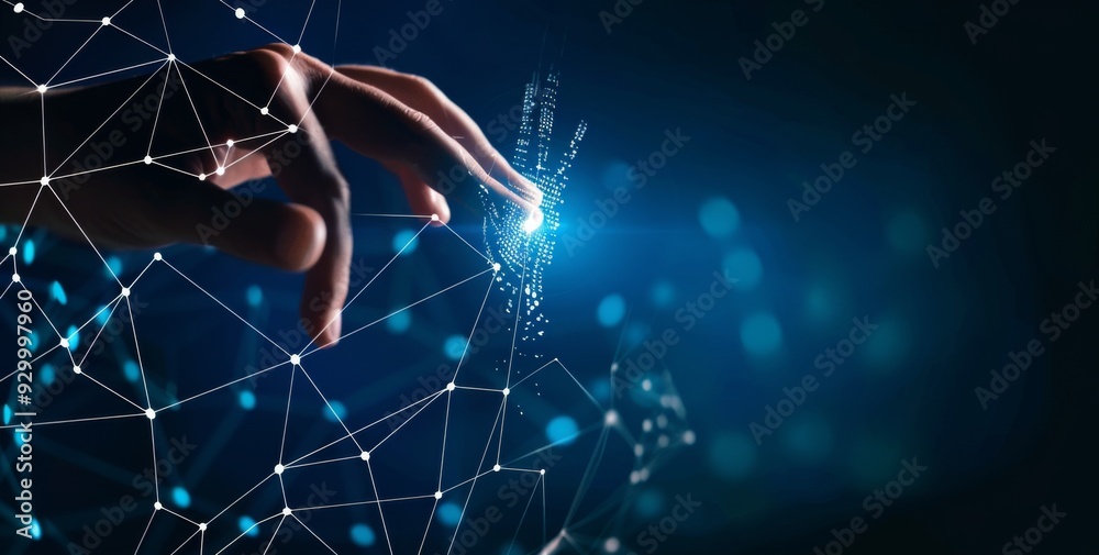 Hand touching artificial intelligence finger with digital connections ...