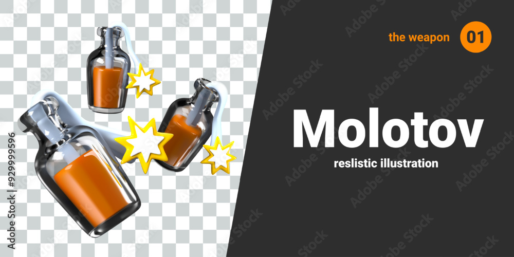 Molotov cocktail in realistic cartoon style. Glass bottle with ...