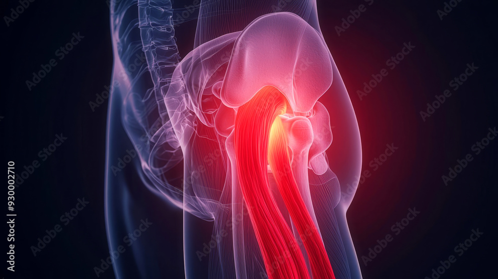Glowing red tendons in a hip joint, showing pain, physiotherapy ...