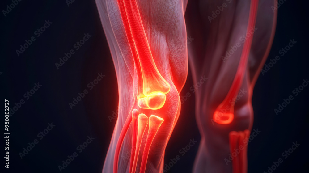 Glowing red tendons in a thigh muscle, showing pain, physiotherapy ...