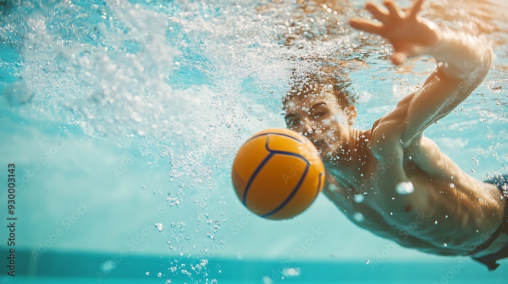 Underwater photo of a swimmer with a water polo ball in his hand, with ...