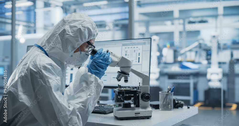 Research Factory Cleanroom: Engineer Wearing Coveralls, Gloves and ...