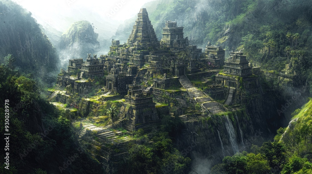 A colossal ancient city nestled deep within a mountain, with grandiose ...