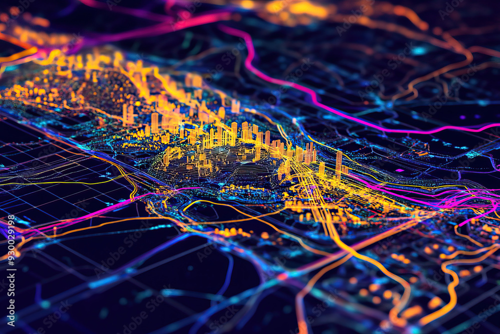 Technical aerial visual, 3D LiDAR GIS aerial map satellite scan model ...