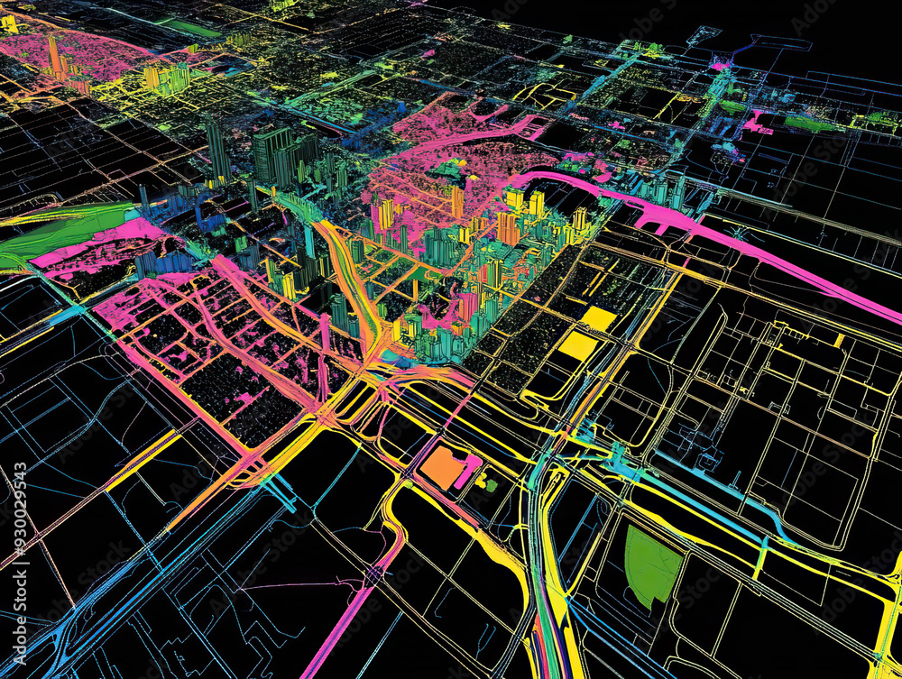 Technical aerial visual, 3D LiDAR GIS aerial map satellite scan model ...