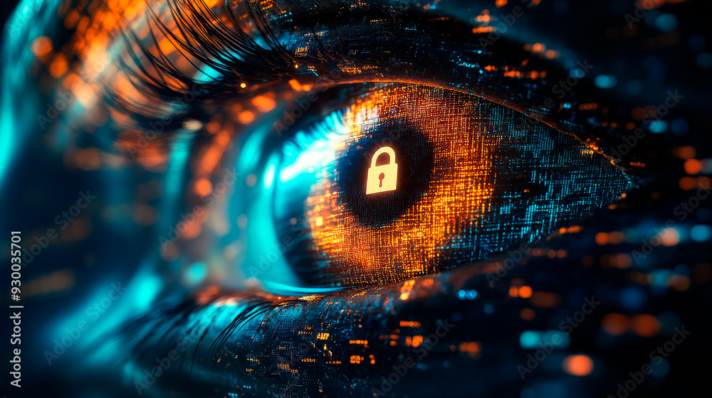 An eye with tiny lines of code and data nodes, with a glowing lock at ...