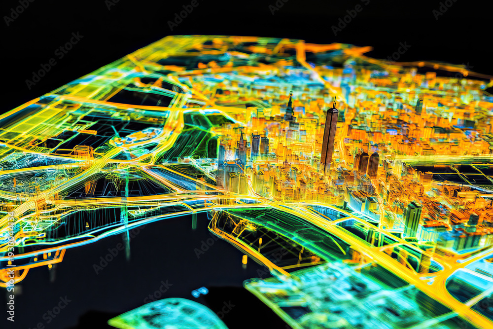 Technical aerial visual, 3D LiDAR GIS aerial map satellite scan model ...
