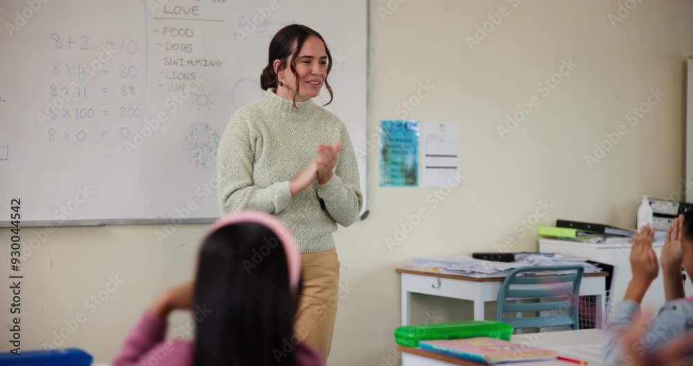 Teacher, education and applause in classroom for learning, development ...