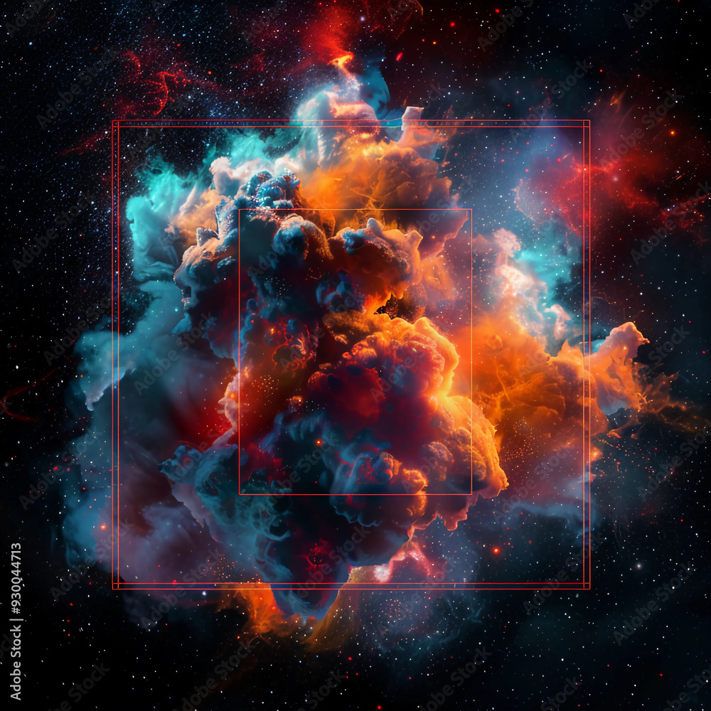 Spectacular cosmic cloud explosion within transparent square with black ...
