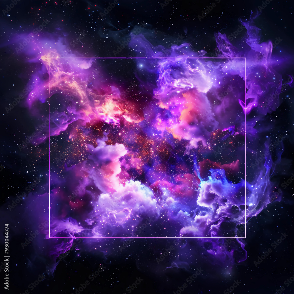 Spectacular cosmic cloud explosion within transparent square with black ...