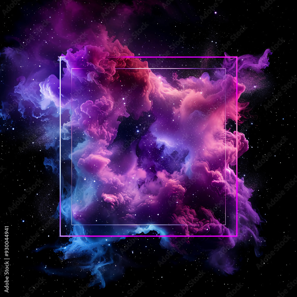 Spectacular cosmic cloud explosion within transparent square with black ...