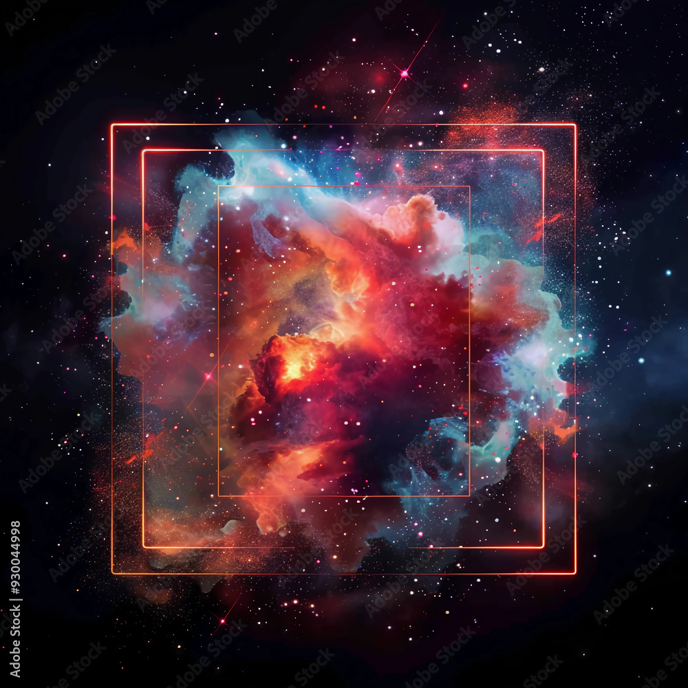 Spectacular cosmic cloud explosion within transparent square with black ...