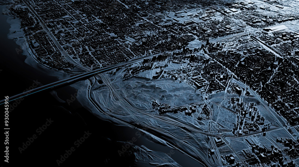 Technical aerial visual, 3D LiDAR GIS aerial map satellite scan model ...