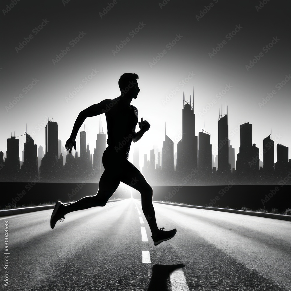 Fit athletic man running down a road against a city background created ...
