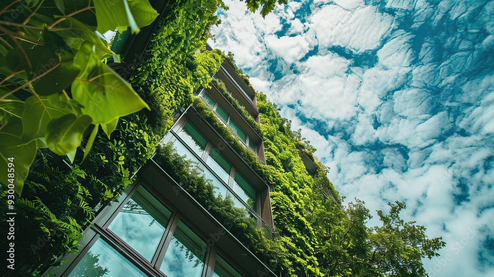 Lush green vegetation covering building balconies Upward view of eco ...