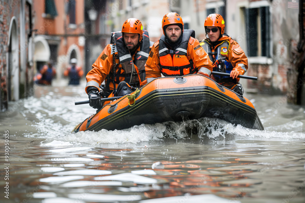 Rescue workers in inflatable boat navigating through flooded urban area ...