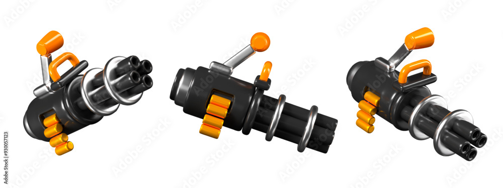 Multi barreled machine gun in different positions. Minigun with belt of ...