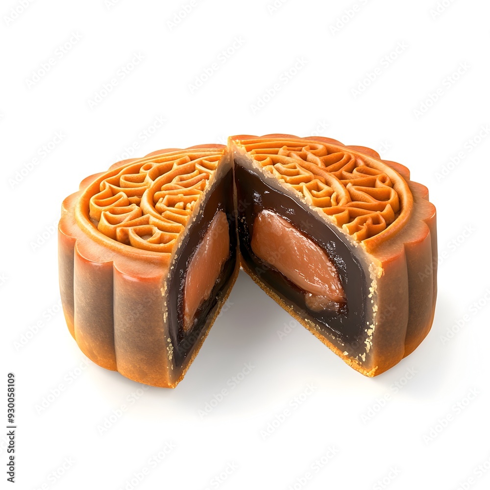 3D digital showcasing a mooncake a traditional Chinese pastry cut in ...