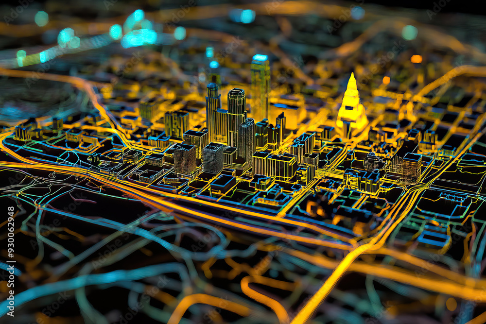 Technical aerial visual, 3D LiDAR GIS aerial map satellite scan model ...