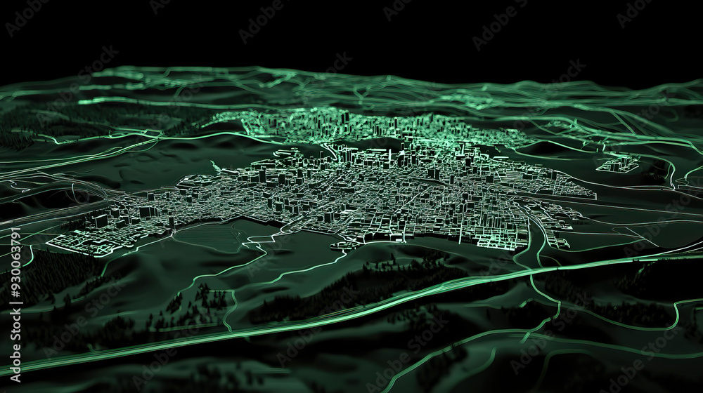 Technical aerial visual, 3D LiDAR GIS aerial map satellite scan model ...