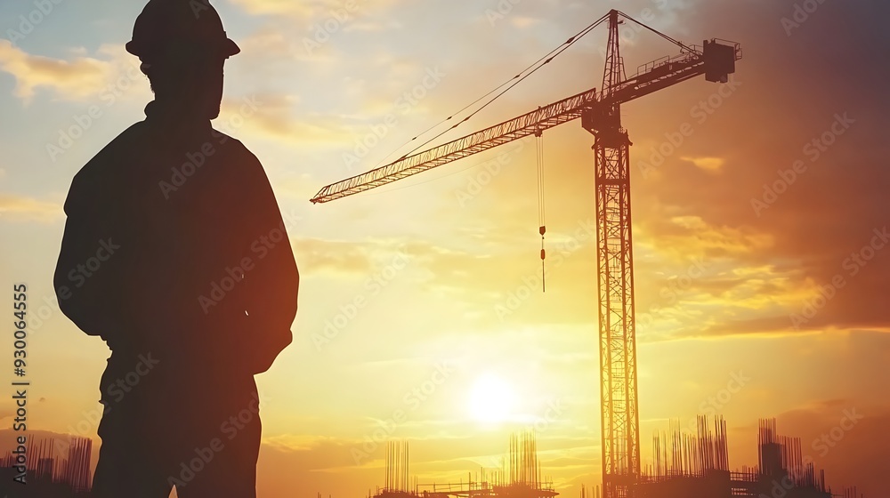 Civil Engineer Overseeing Construction Site at Sunrise with Crane ...