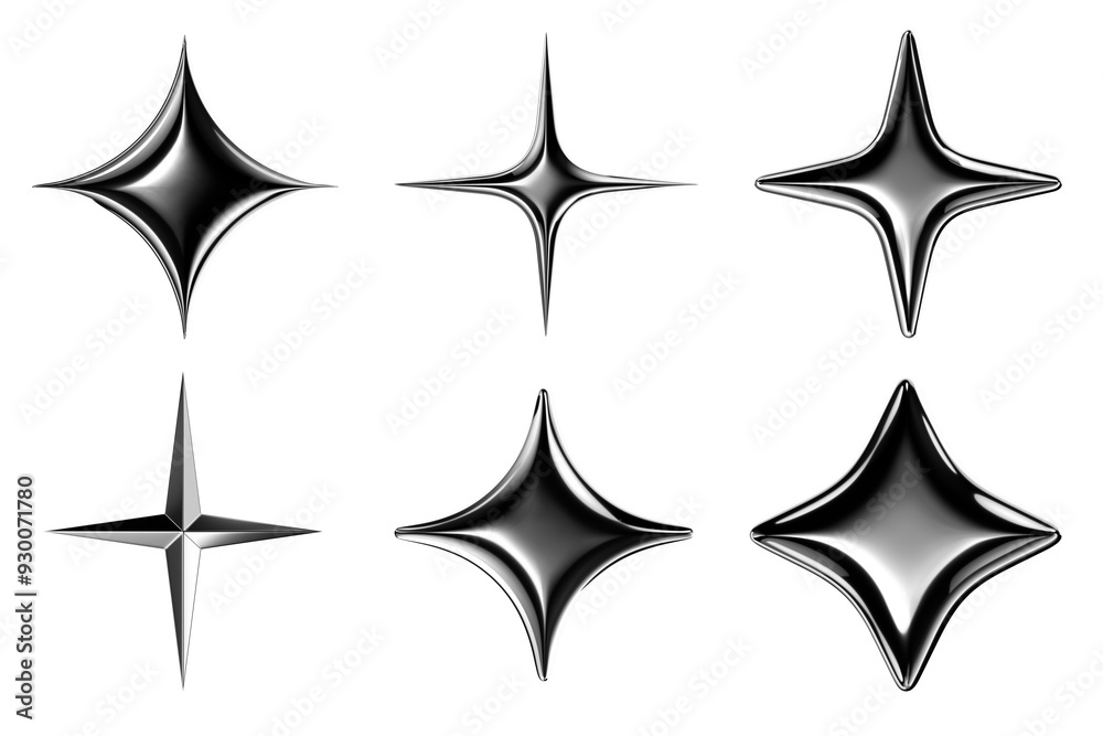 Glossy chrome sparkle 3D icons set isolated. Silver metal 4 point star ...