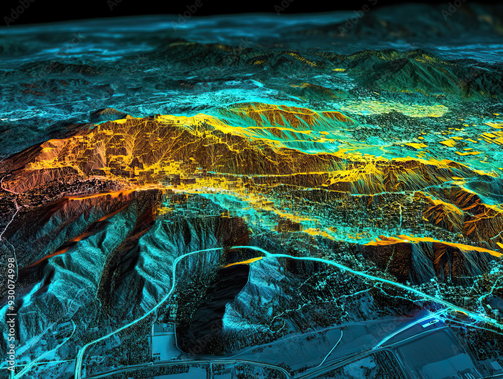 Technical aerial visual, 3D LiDAR GIS aerial map satellite scan model ...