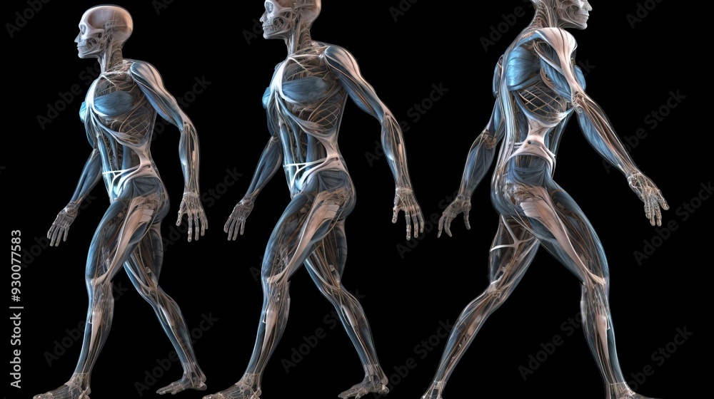 Anatomical structure of muscular system of human body, dark background ...
