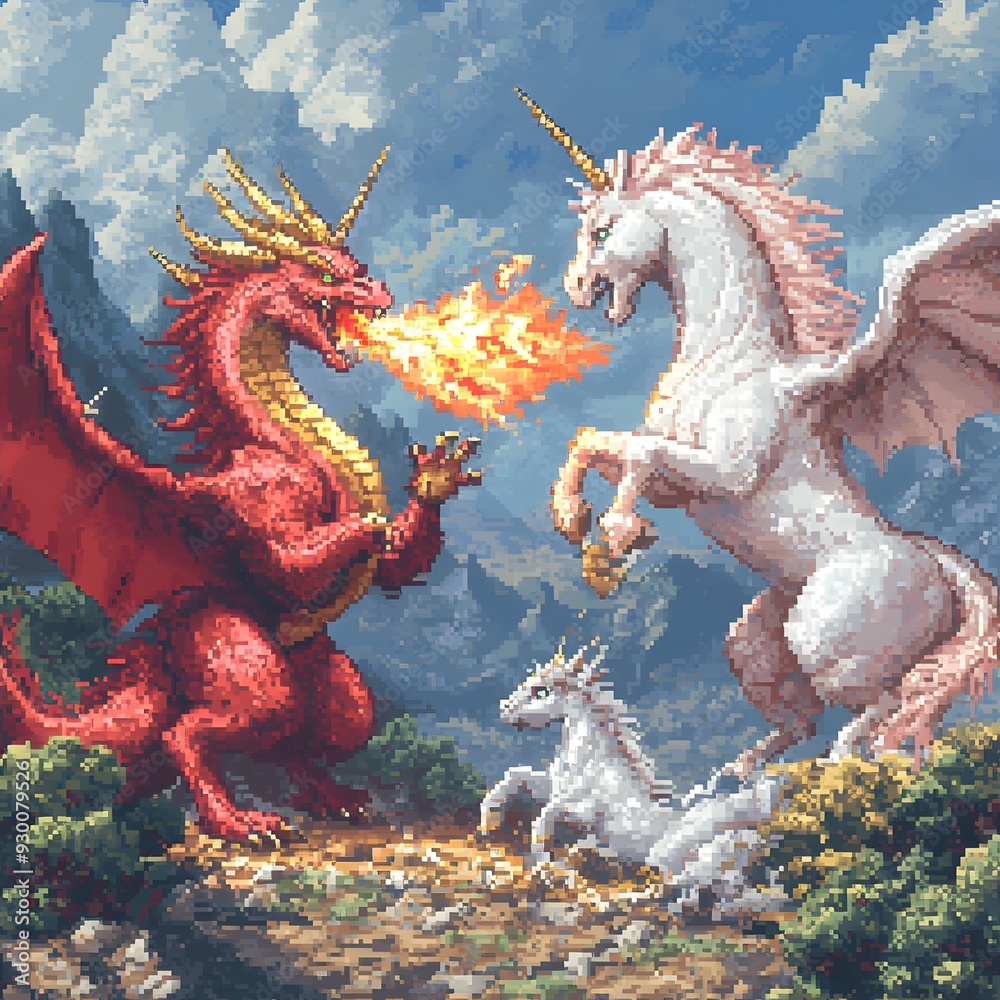 Intense Pixel Art Battle of Mythical Beasts Breathing Fire and ...