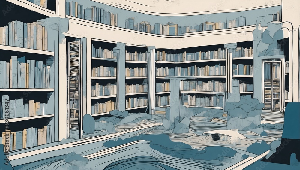 A minimal and strange illustration of a whimsical library with floating ...