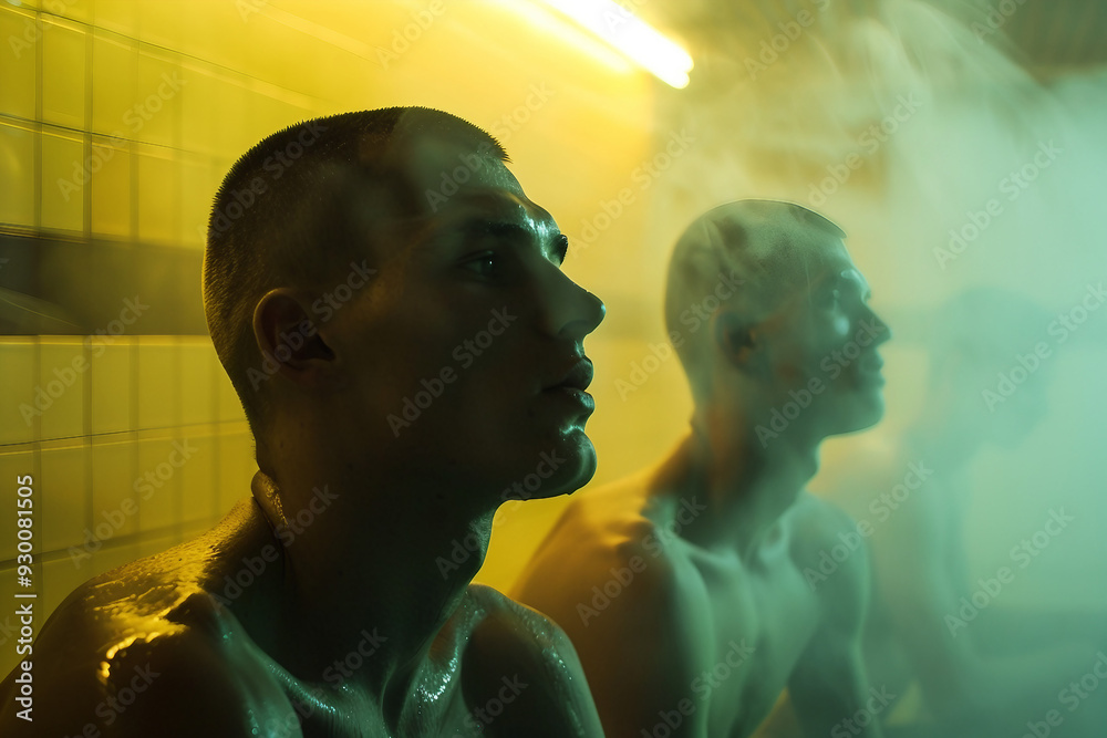 Happy people visiting bathhouse taking pleasure from hot water ...