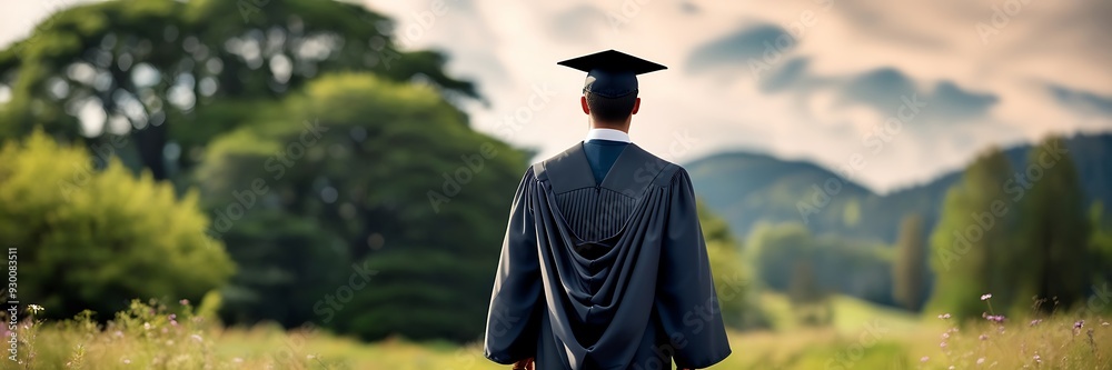 Back view image of graduate student in graduation cap and gown ...