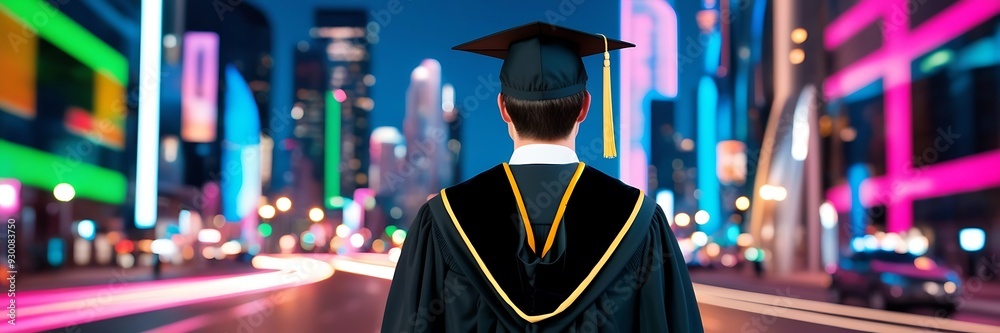 Back view image of graduate student in graduation cap and gown ...