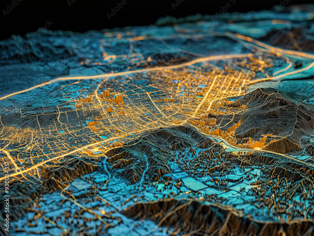 Technical aerial visual, 3D LiDAR GIS aerial map satellite scan model ...