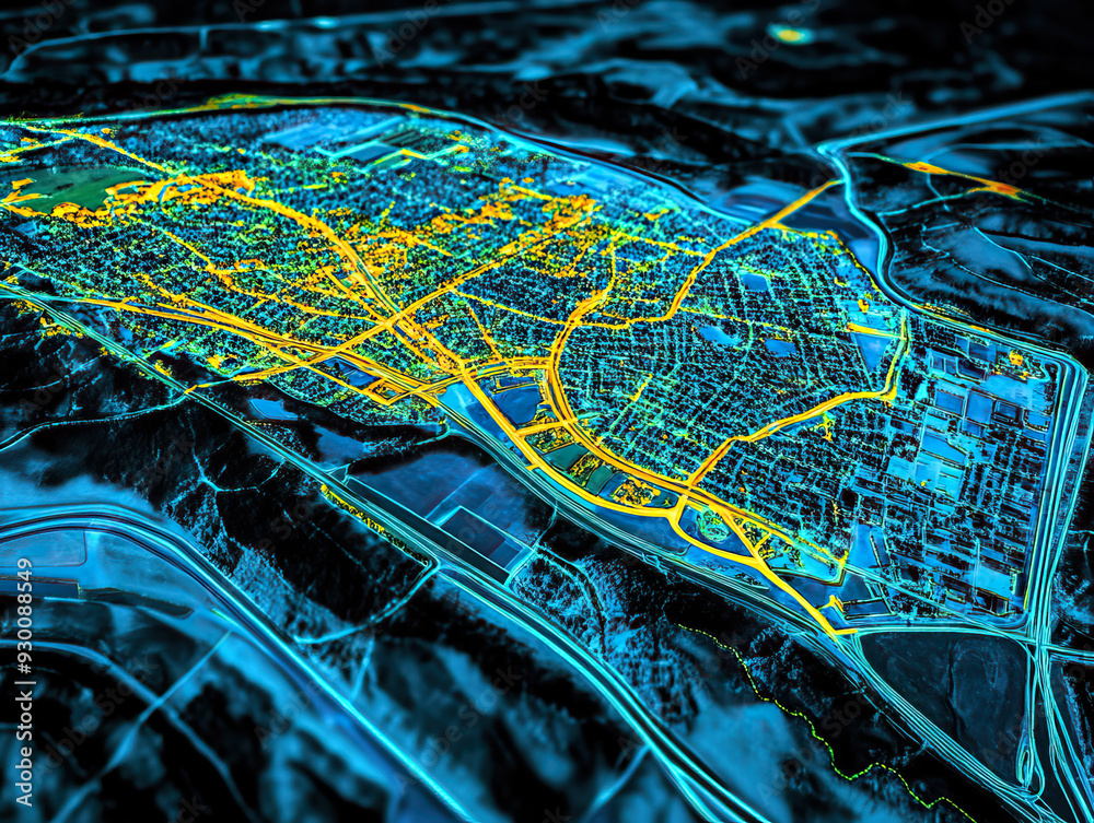 Technical aerial visual, 3D LiDAR GIS aerial map satellite scan model ...