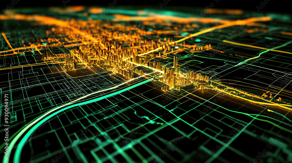 Technical aerial visual, 3D LiDAR GIS aerial map satellite scan model ...