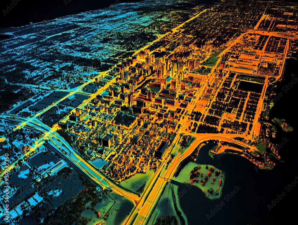 Technical aerial visual, 3D LiDAR GIS aerial map satellite scan model ...