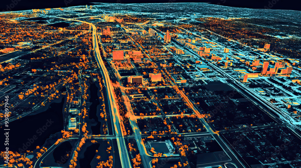Technical aerial visual, 3D LiDAR GIS aerial map satellite scan model ...