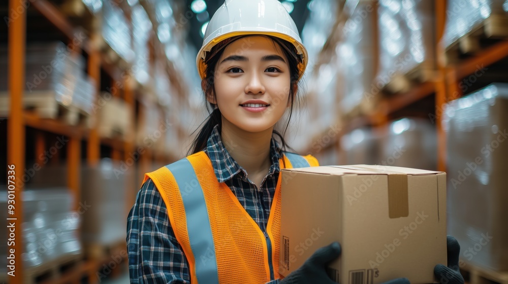 Female Asian Warehouse Worker with Package. Female Asian warehouse ...