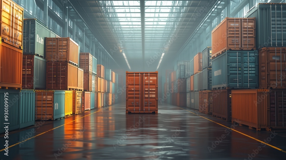 Symmetrical Stacking of Containers in Warehouse. Central perspective of ...