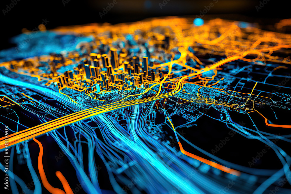 Technical aerial visual, 3D LiDAR GIS aerial map satellite scan model ...