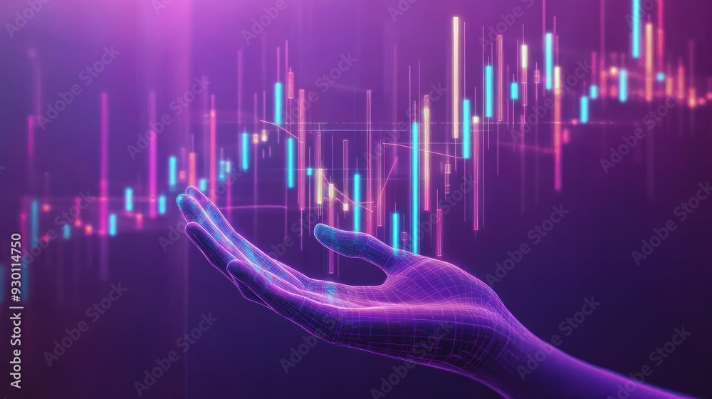 Digital hand with floating holographic stock market candlestick charts ...