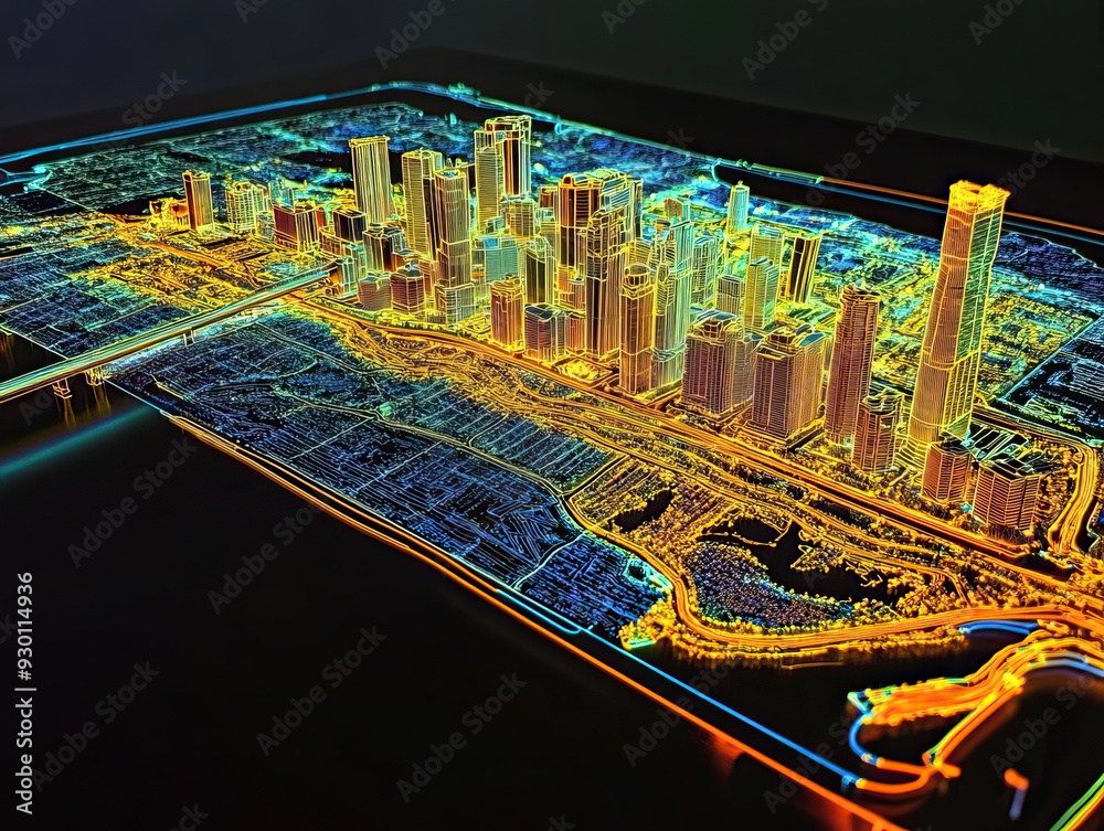 Technical aerial visual, 3D LiDAR GIS aerial map satellite scan model ...