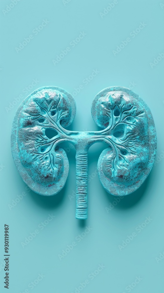 3D model of human kidneys on blue-green background shows intricate ...