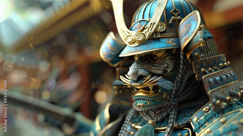 Design a 3D scene featuring a samurai and a mythical creature ...