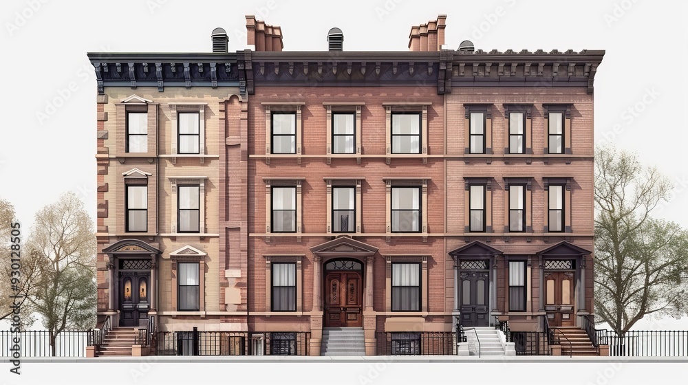 Draw a detailed elevation of a historic brownstone building ...