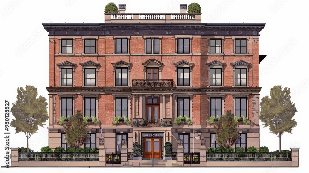 Draw a detailed elevation of a historic brownstone building ...