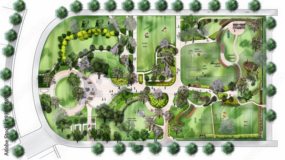 Draw a site plan for an urban park, detailing the pathways, landscaping ...